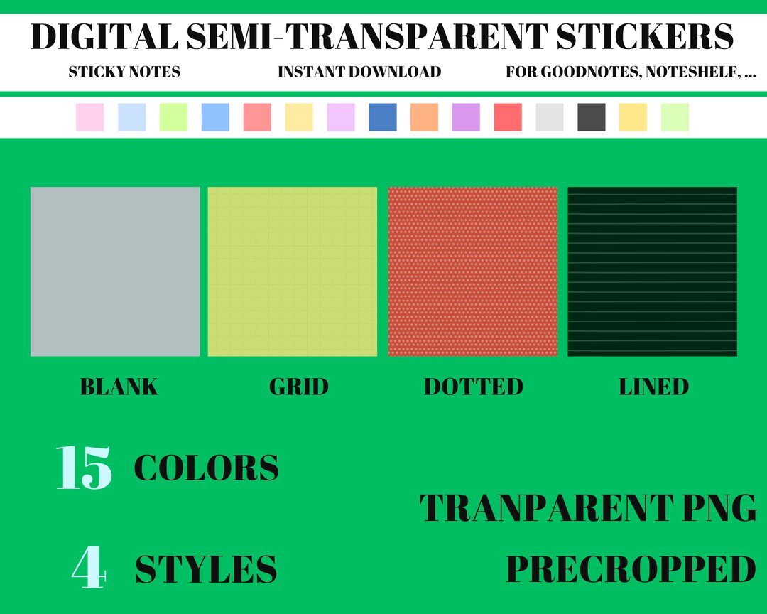 Semi-transparent Sticky Note Stickers Digital 15 Colors Grid, Dotted ...