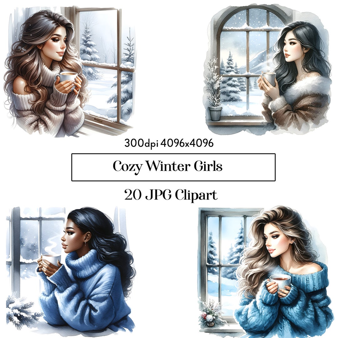 Cozy Winter Window Girls Clipart - Set of 20 Charming JPG Illustrations ...