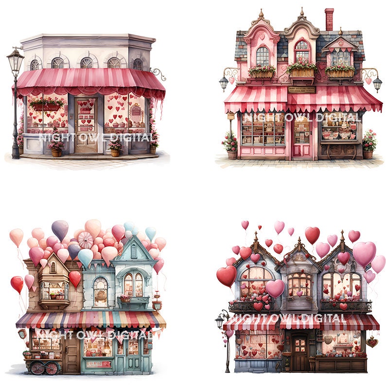 Valentines Store Front Clipart, 27 PNG, Watercolor, Junk Journal ...