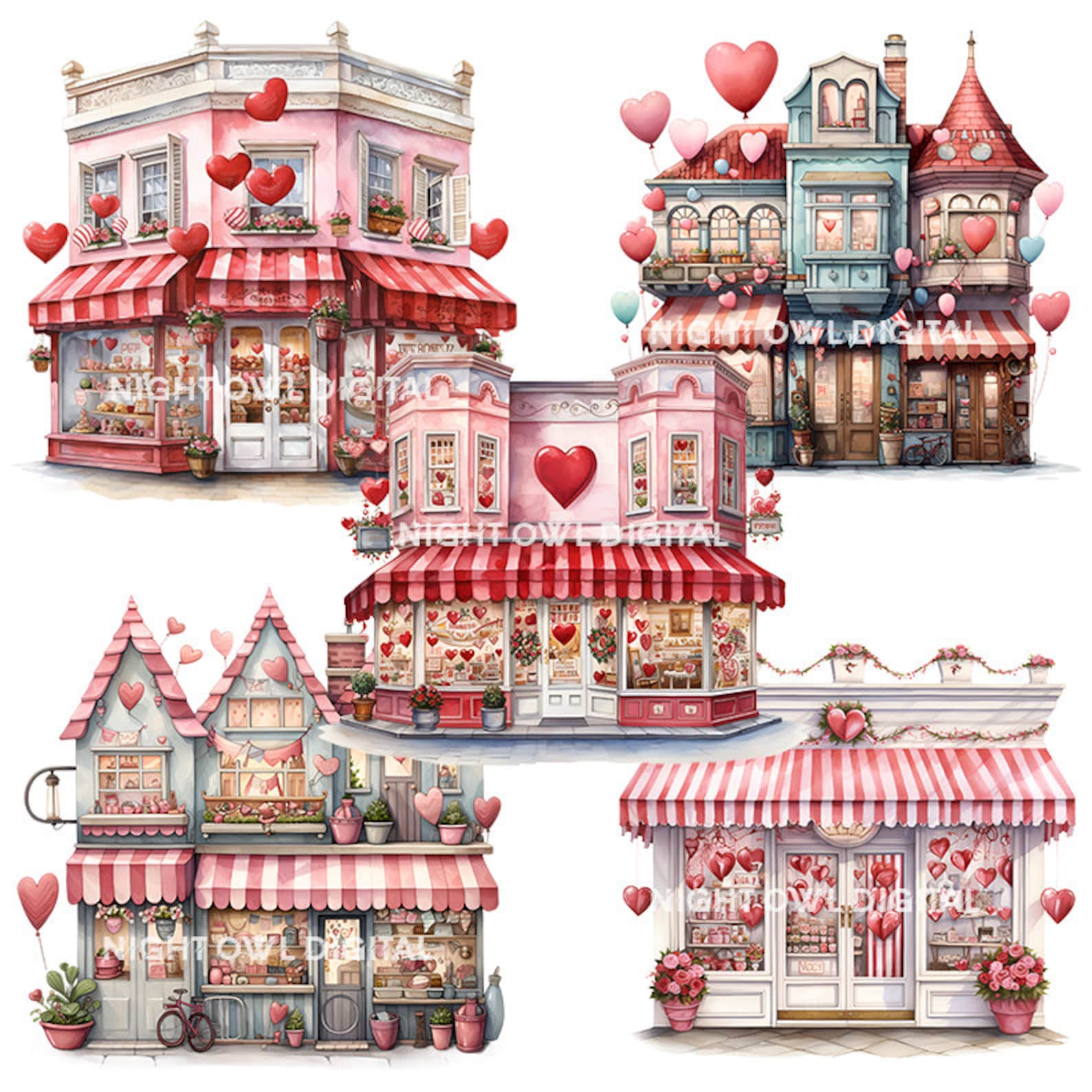 Valentines Store Front Clipart, 27 PNG, Watercolor, Junk Journal ...