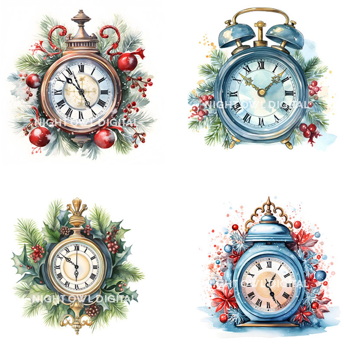 Christmas Clocks Watercolor Clipart - Set of 16 Festive JPG ...