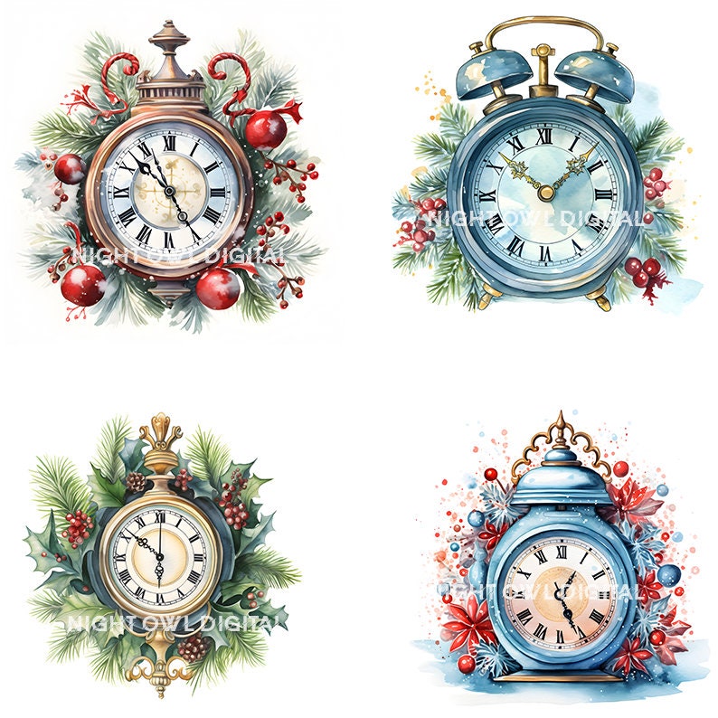 Christmas Clocks Watercolor Clipart - Set of 16 Festive JPG ...