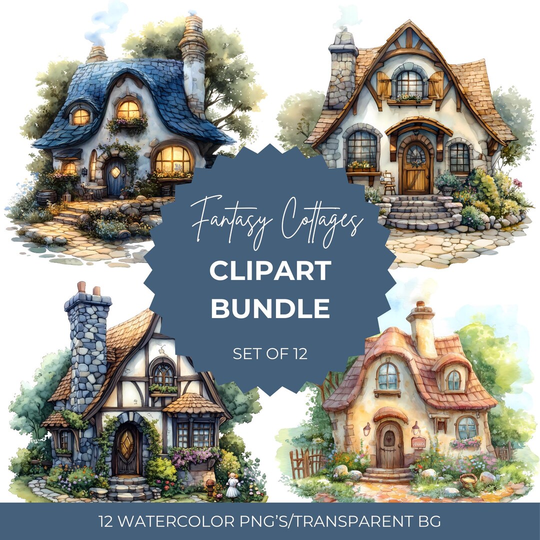Fantasy Cottages Watercolor Clipart - Set of 12 Adorable PNG ...