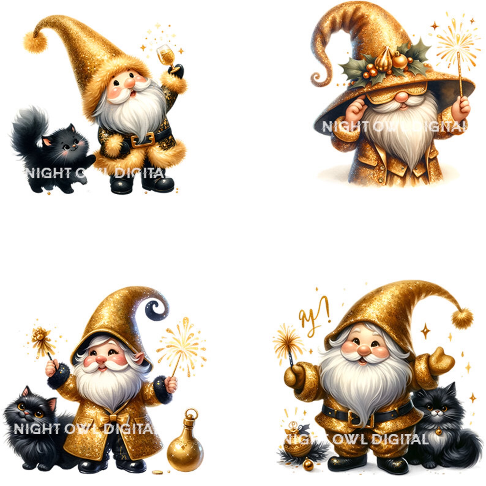 Gold New Year's Gnomes Clipart Set of 26 Festive PNG Illustrations ...
