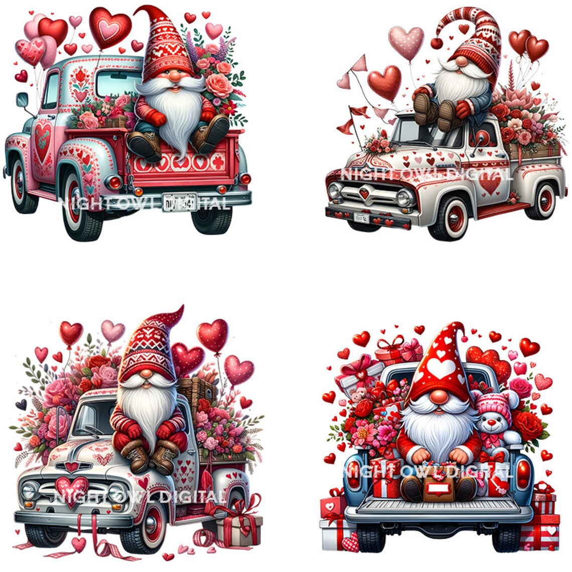 Valentine's Gnomes and Trucks Clipart - Set of 12 PNG Illustrations for ...