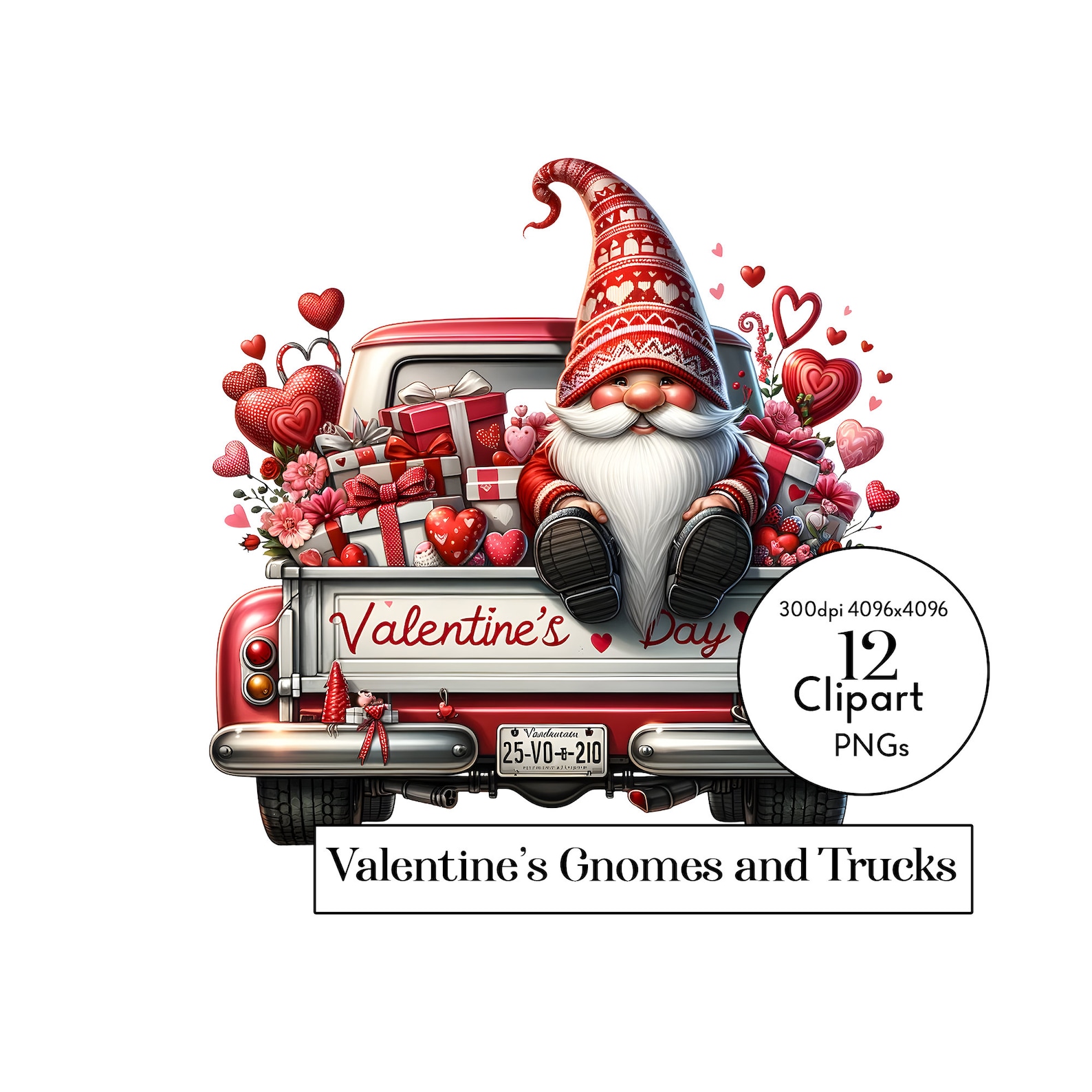 Valentine's Gnomes and Trucks Clipart - Set of 12 PNG Illustrations for ...