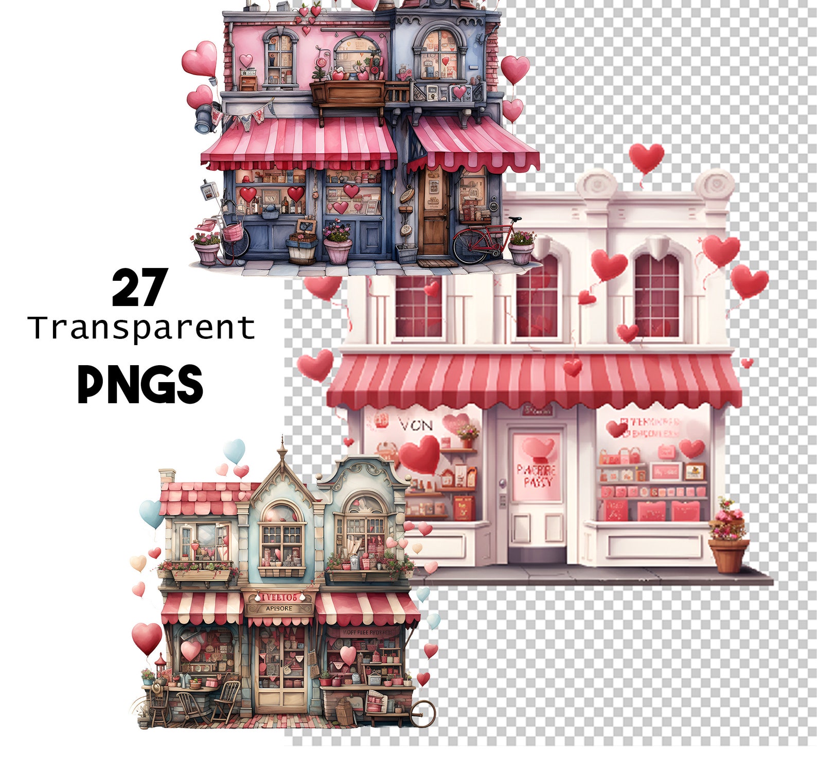 Valentines Store Front Clipart, 27 PNG, Watercolor, Junk Journal ...
