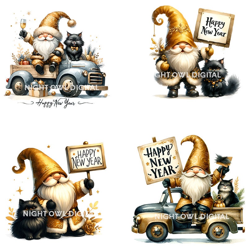 Gold New Year's Gnomes Clipart - Set of 26 Festive PNG Illustrations ...