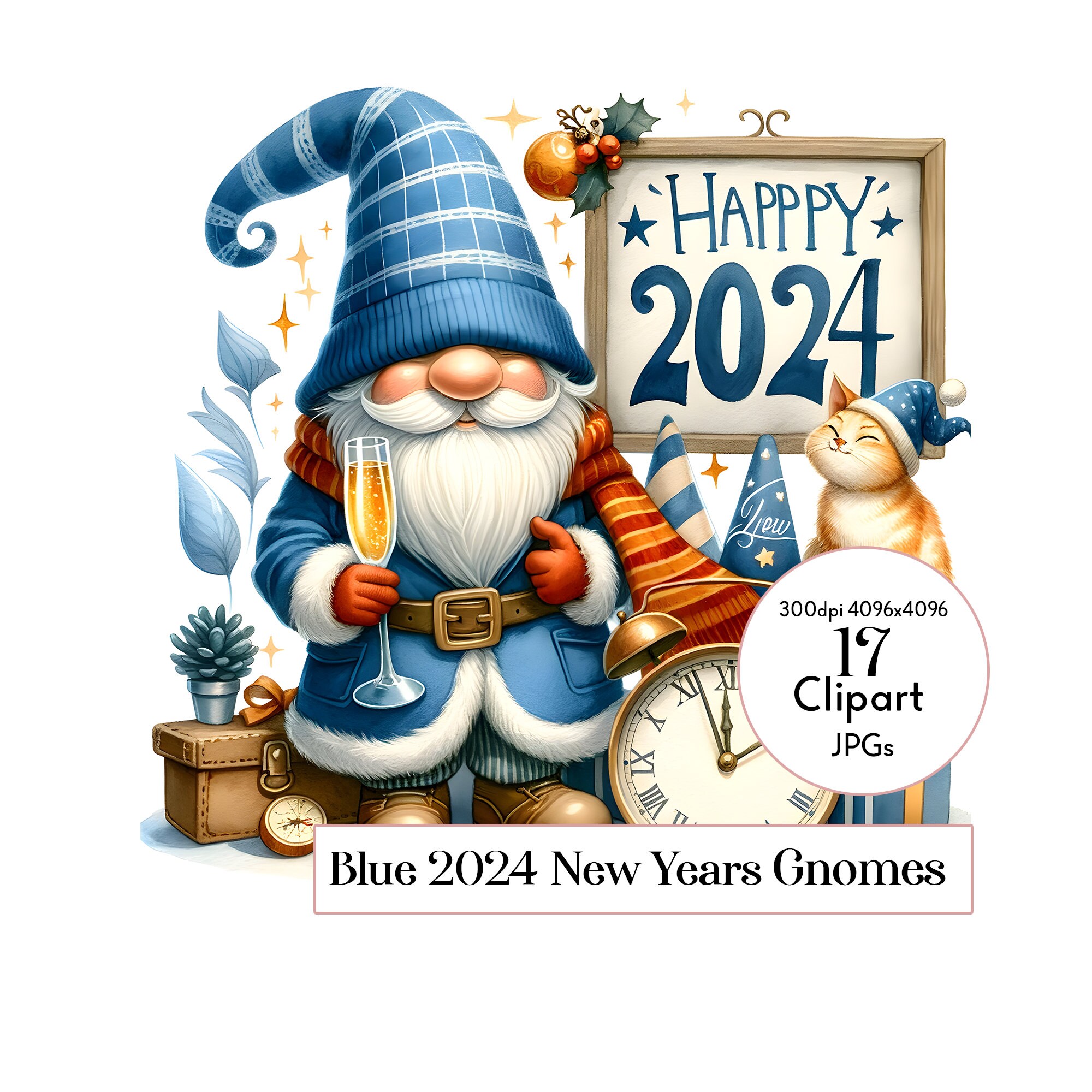 Blue Gnomes 2024 New Year's Clipart - 17 JPGS, Festive Illustrations ...