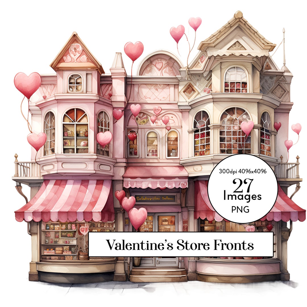 Valentines Store Front Clipart, 27 PNG, Watercolor, Junk Journal ...