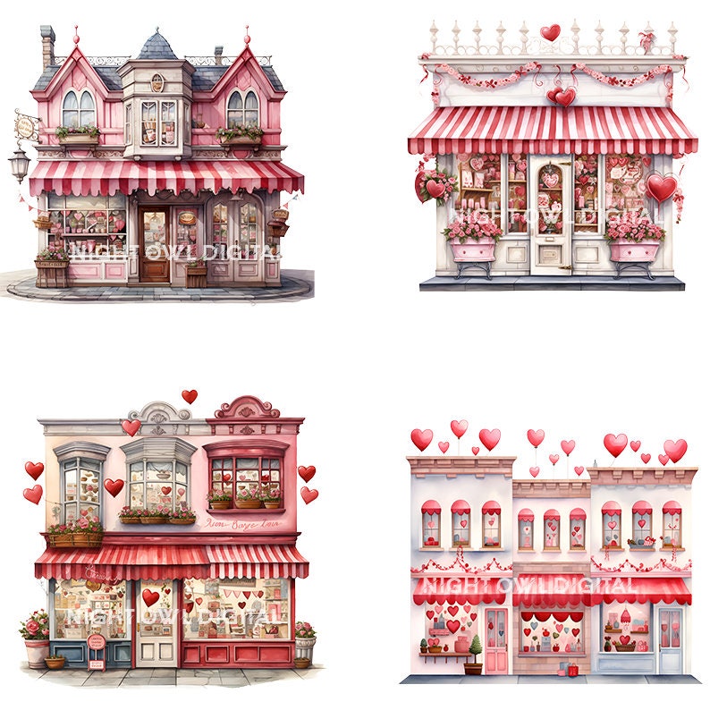 Valentines Store Front Clipart, 27 PNG, Watercolor, Junk Journal ...