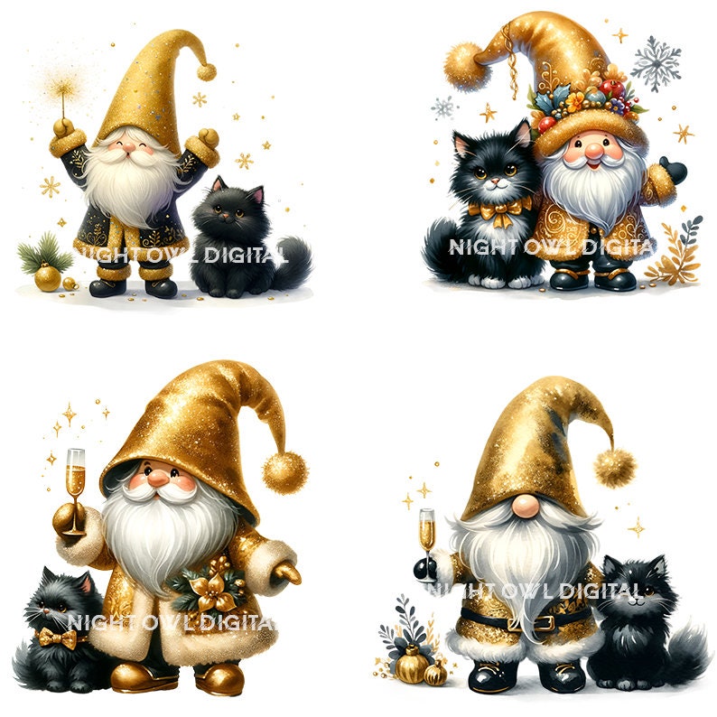 Gold New Year's Gnomes Clipart - Set of 26 Festive PNG Illustrations ...