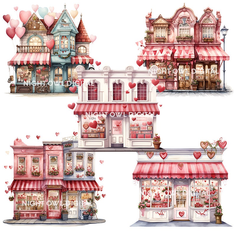Valentines Store Front Clipart, 27 PNG, Watercolor, Junk Journal ...