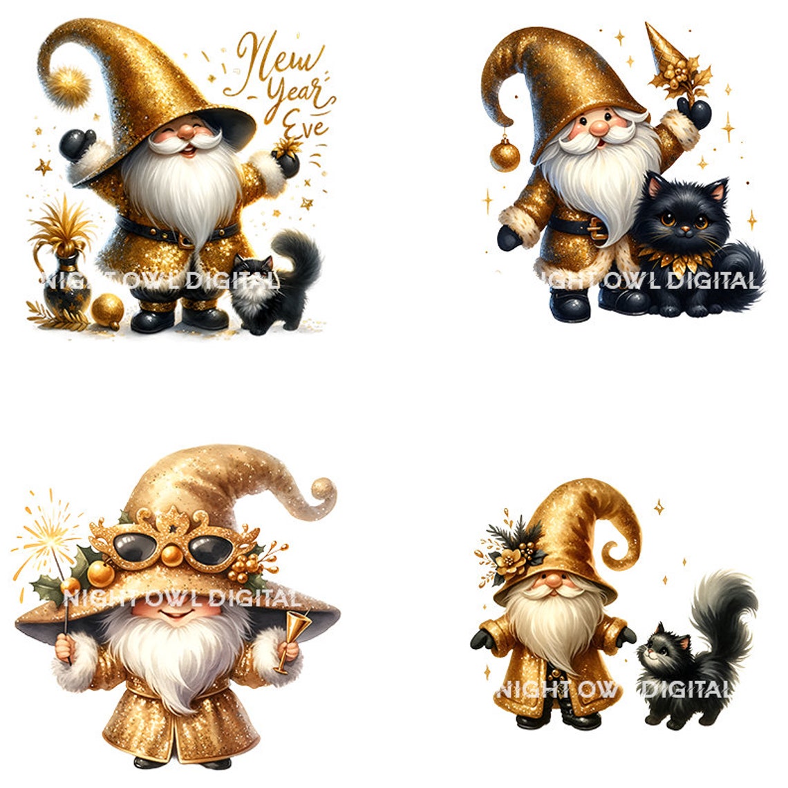 Gold New Year's Gnomes Clipart Set of 26 Festive PNG Illustrations ...
