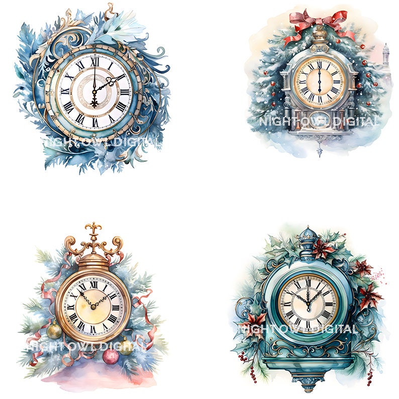 Christmas Clocks Watercolor Clipart - Set of 16 Festive JPG ...