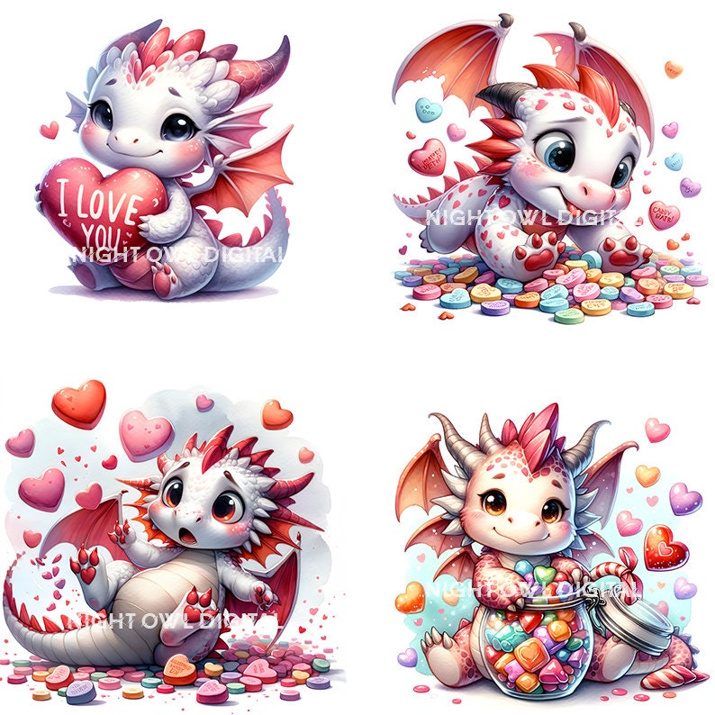 Cute Valentines Dragon Clipart - Set of 18 Adorable JPG Illustrations ...
