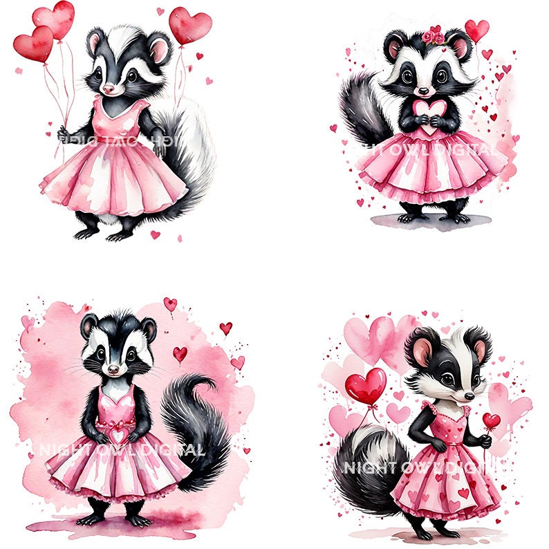 Cute Valentine's Day Skunks Watercolor 23 JPG/PNG, Junk Journal ...