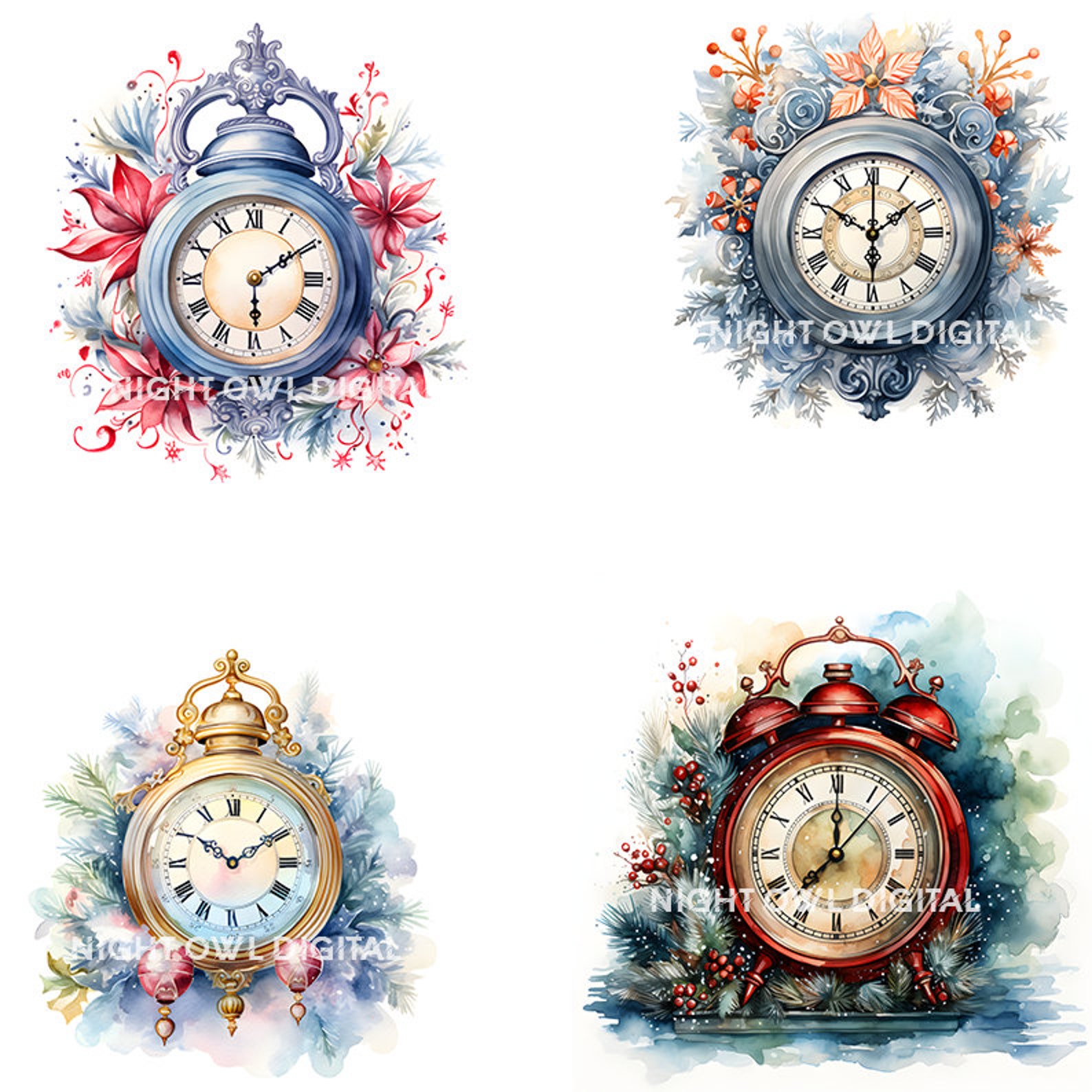 Christmas Clocks Watercolor Clipart - Set of 16 Festive JPG ...