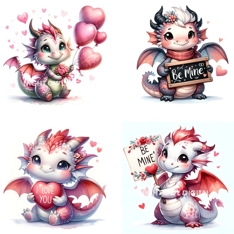 Cute Valentines Dragon Clipart - Set of 18 Adorable JPG Illustrations ...