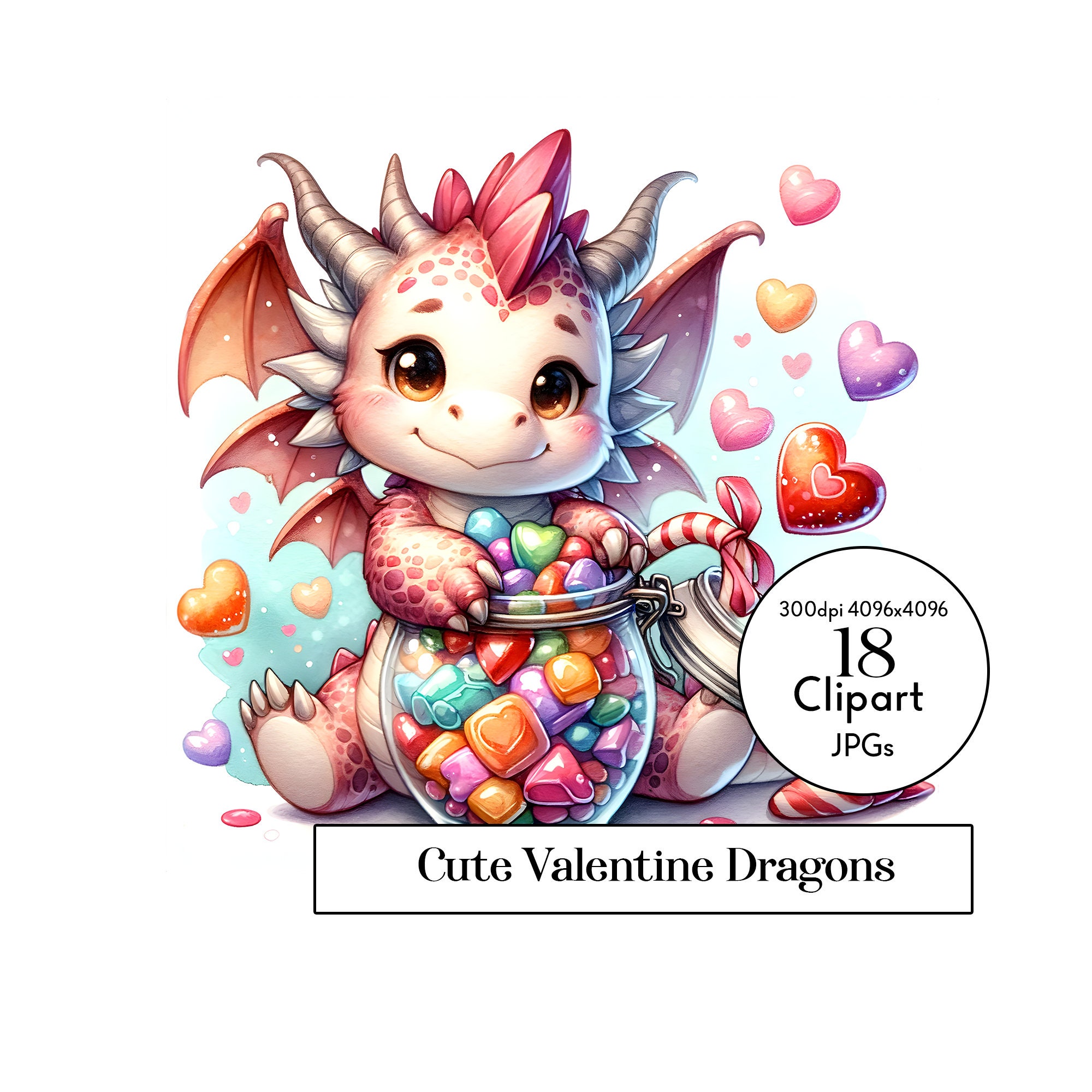Cute Valentines Dragon Clipart - Set of 18 Adorable JPG Illustrations ...