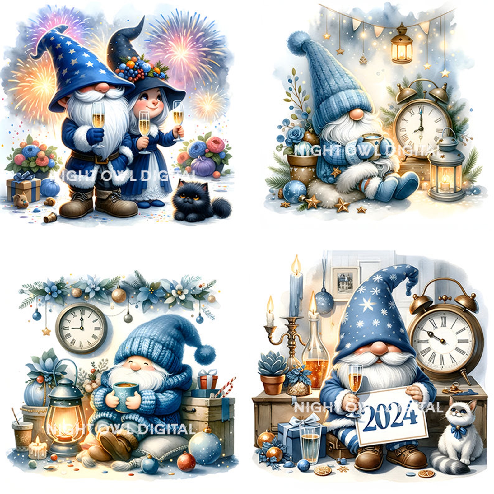 Blue Gnomes 2024 New Year's Clipart - 17 JPGS, Festive Illustrations ...