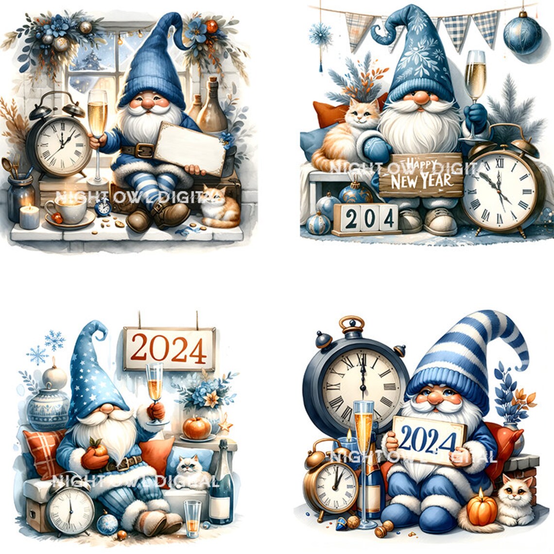 Blue Gnomes 2024 New Year's Clipart - 17 JPGS, Festive Illustrations ...