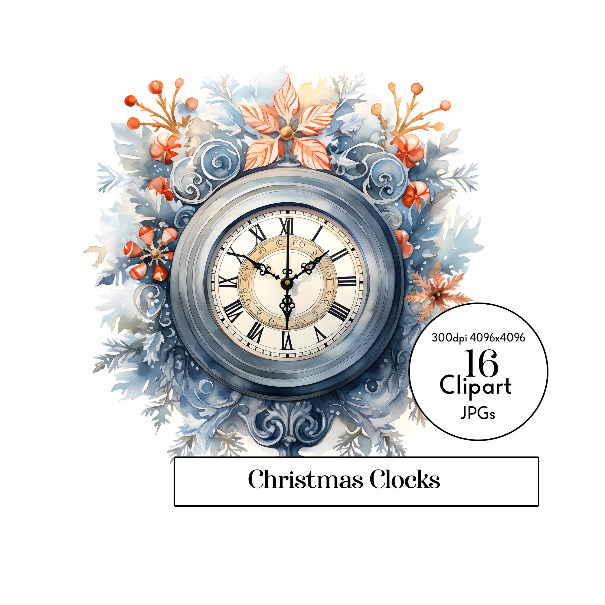 Christmas Clocks Watercolor Clipart - Set of 16 Festive JPG ...