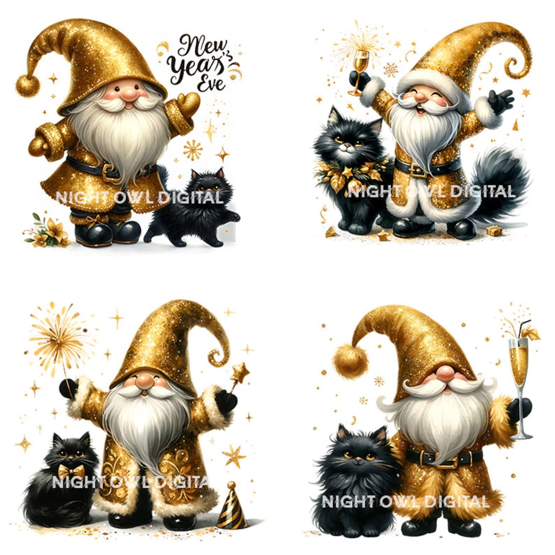 Gold New Year's Gnomes Clipart Set of 26 Festive PNG Illustrations ...