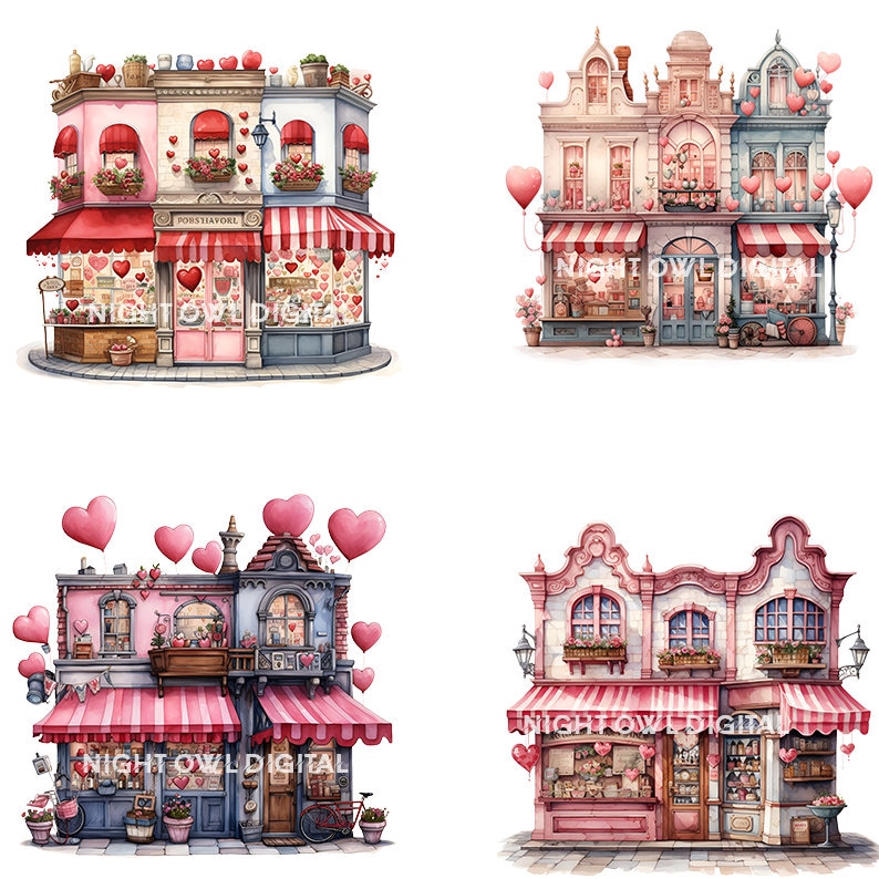 Valentines Store Front Clipart, 27 PNG, Watercolor, Junk Journal ...
