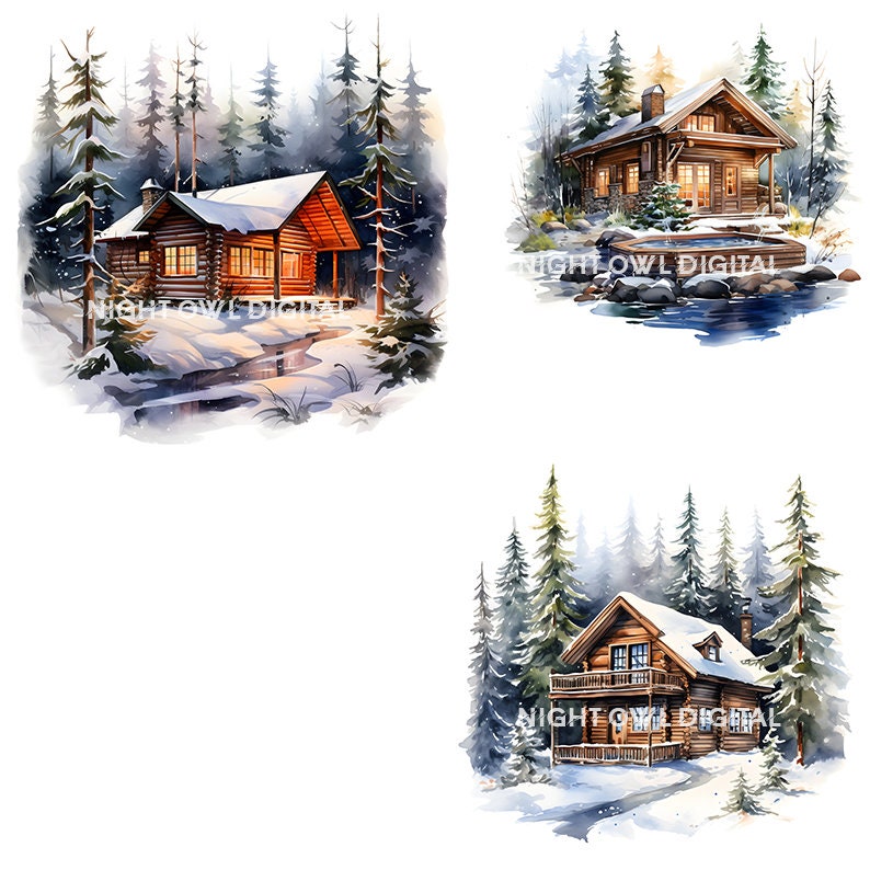 Winter Cabins Clipart - Set of 15 Cozy Jpgs in Watercolor, Junk Journal ...