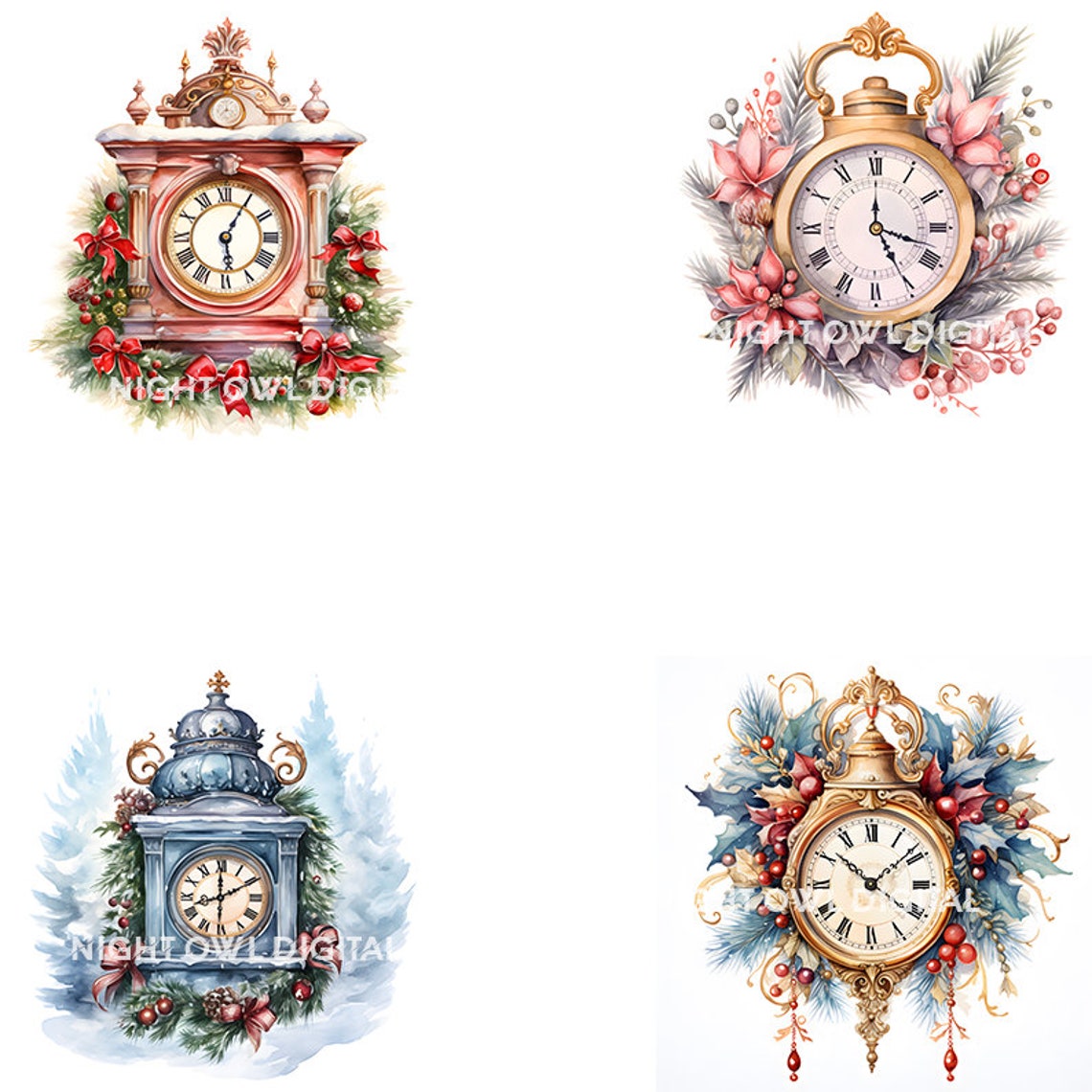 Christmas Clocks Watercolor Clipart - Set of 16 Festive JPG ...
