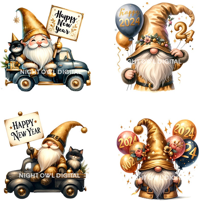 Gold New Year's Gnomes Clipart - Set of 26 Festive PNG Illustrations ...