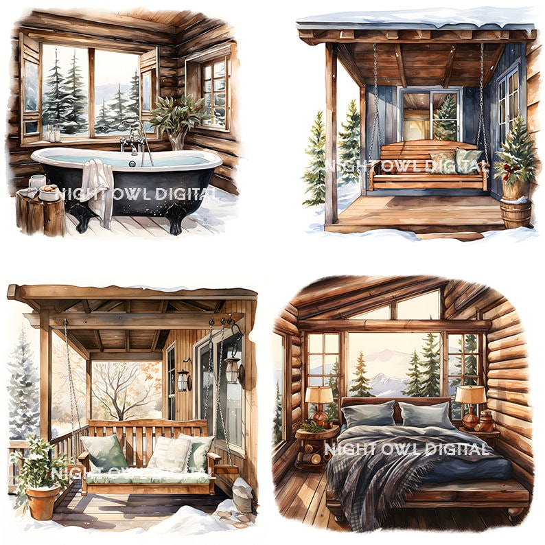 Winter Rustic Indoor Cabin Clipart - Set of 20 Cozy JPG Illustrations ...