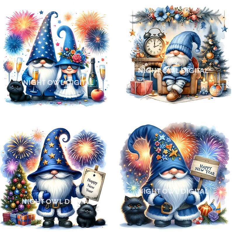 Blue Gnomes 2024 New Year's Clipart - 17 JPGS, Festive Illustrations ...