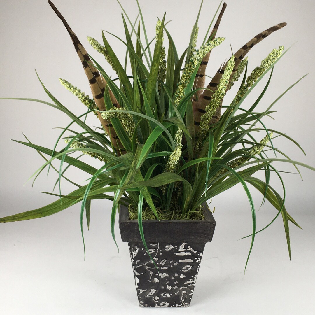 Grass and Pheasant Feather Arrangement, Artificial Greenery Accent ...