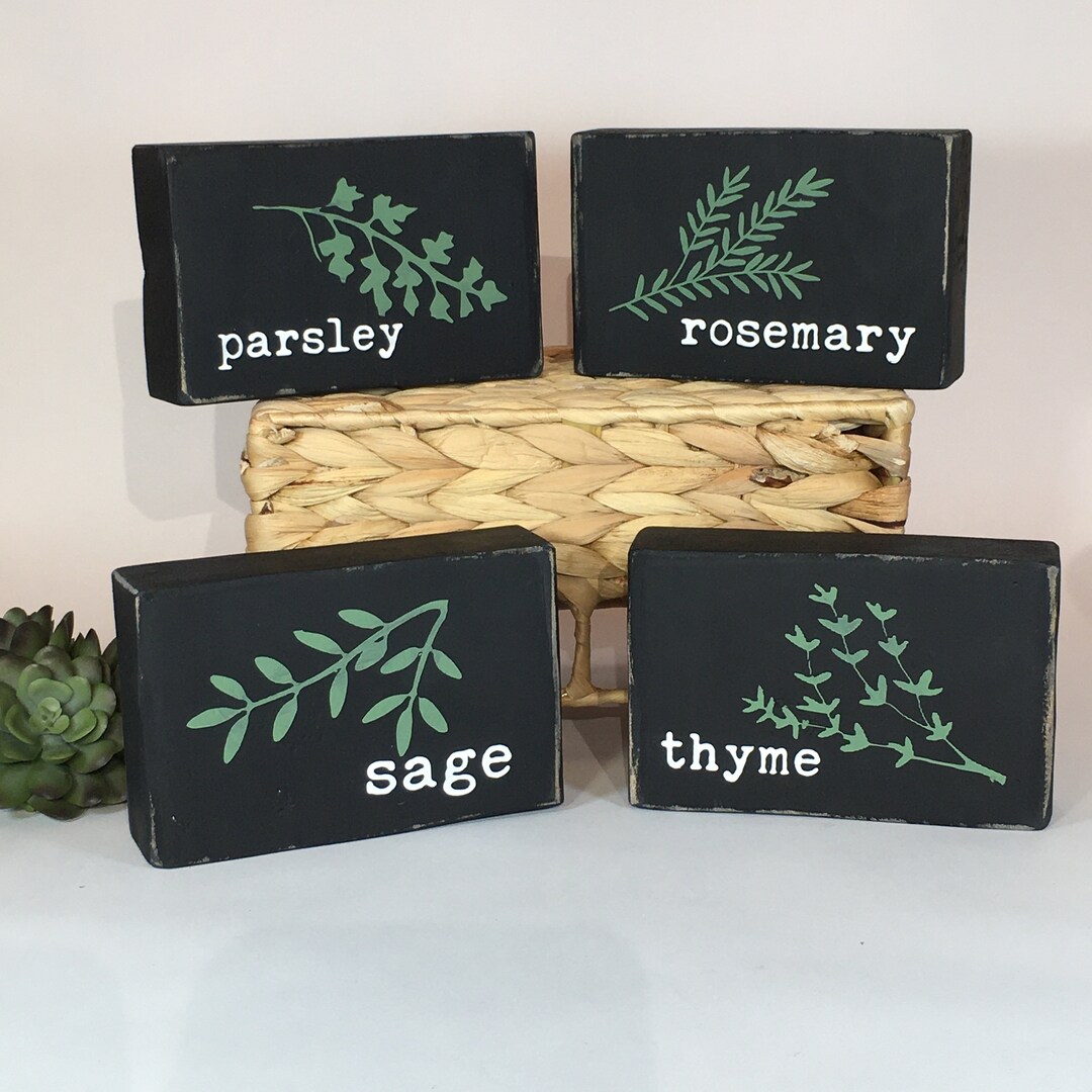 Herb Tray Decor Set of 4 Wood Block Signs, Parsley, Sage, Rosemary ...
