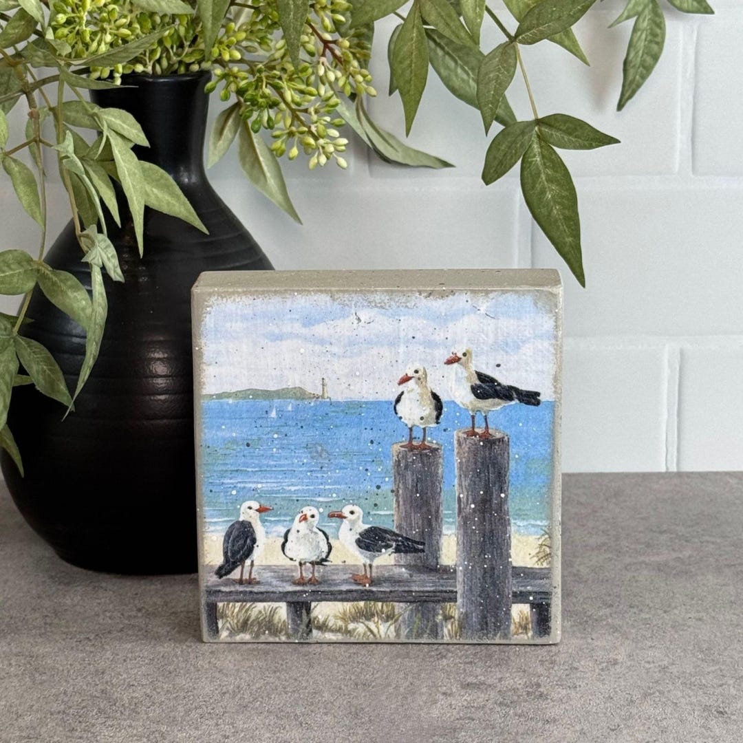 Coastal Seagull Wood Block Print Art. Mini Sign for Tray, Shelf, Mantle ...