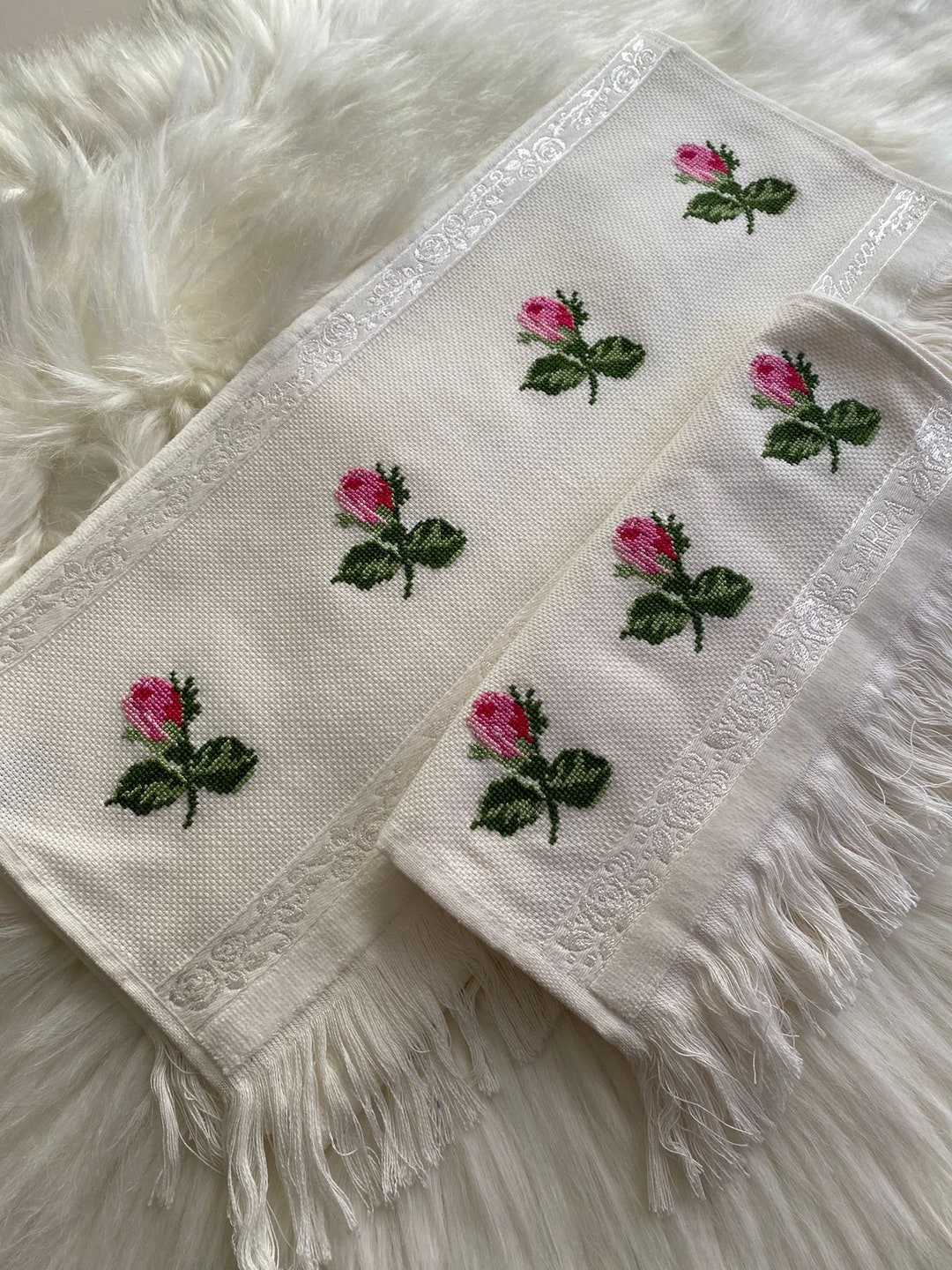 Etamin, Kaneviça, Turkish Towel, Rose Embroidered, Large and Small Set ...