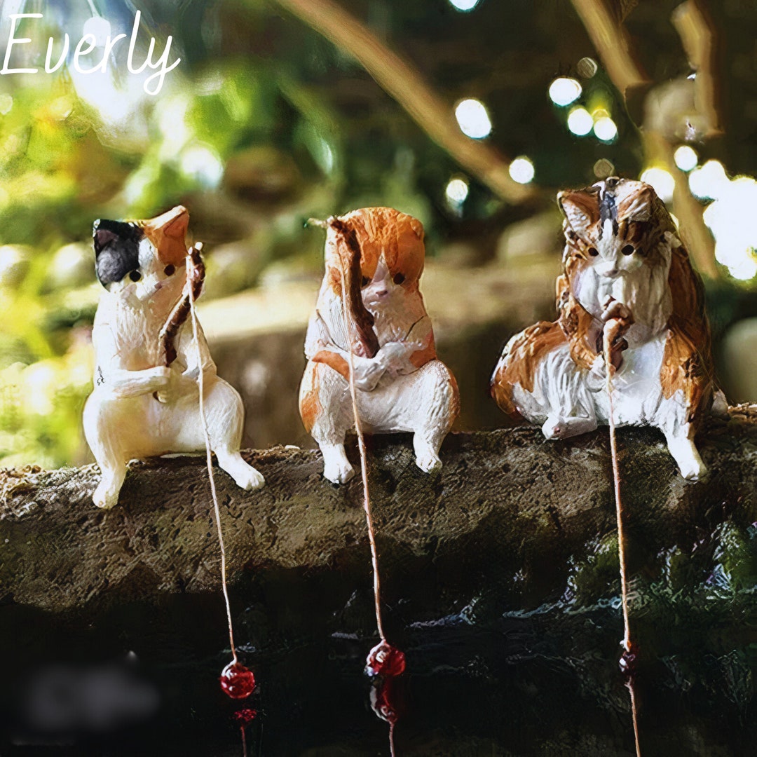 Aquarium Fishing Miniature Cat Figurines Home Shelf Office Decor ...