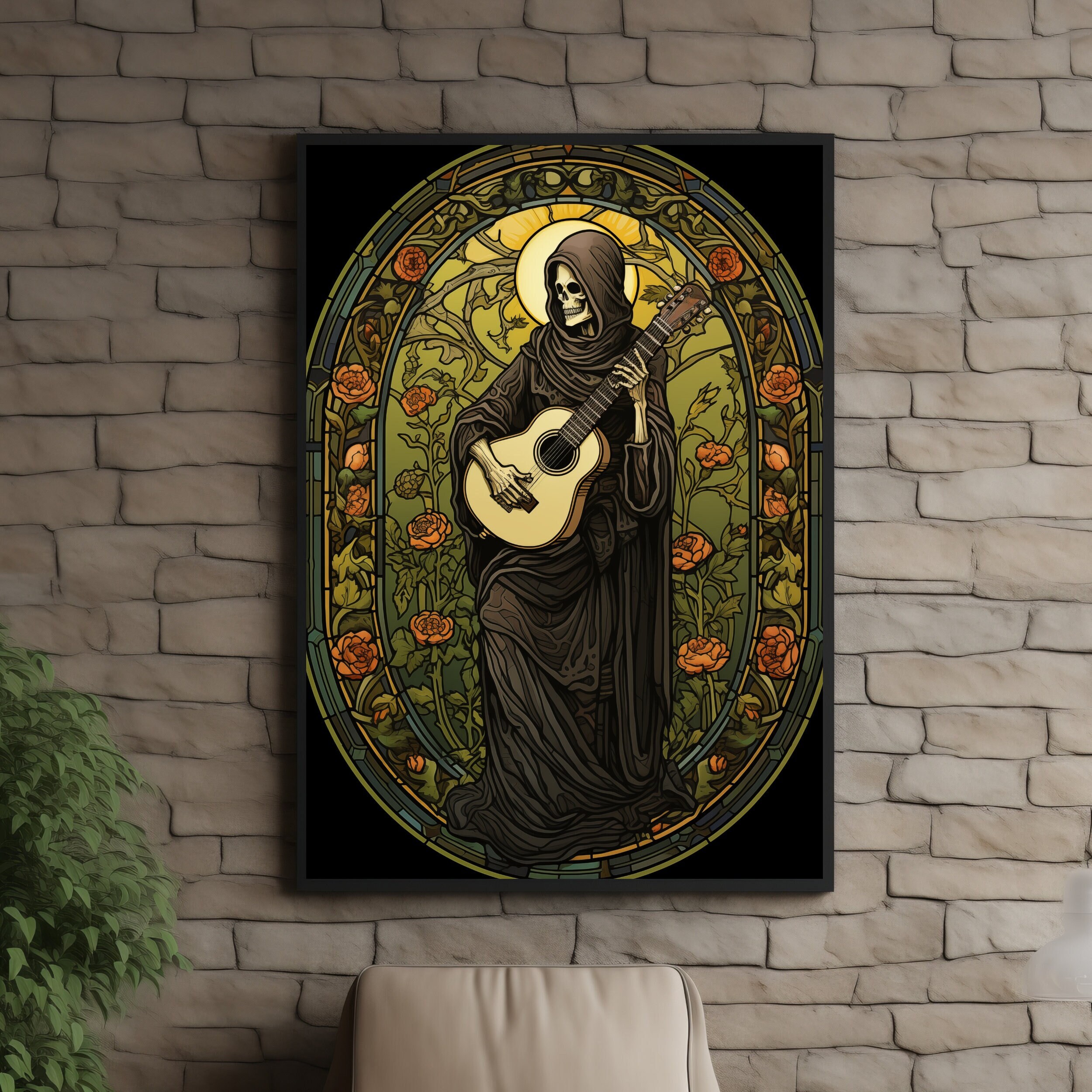 Art Nouveau Skeleton Guitar Poster Digital Art Stained Glass Guitar Art ...