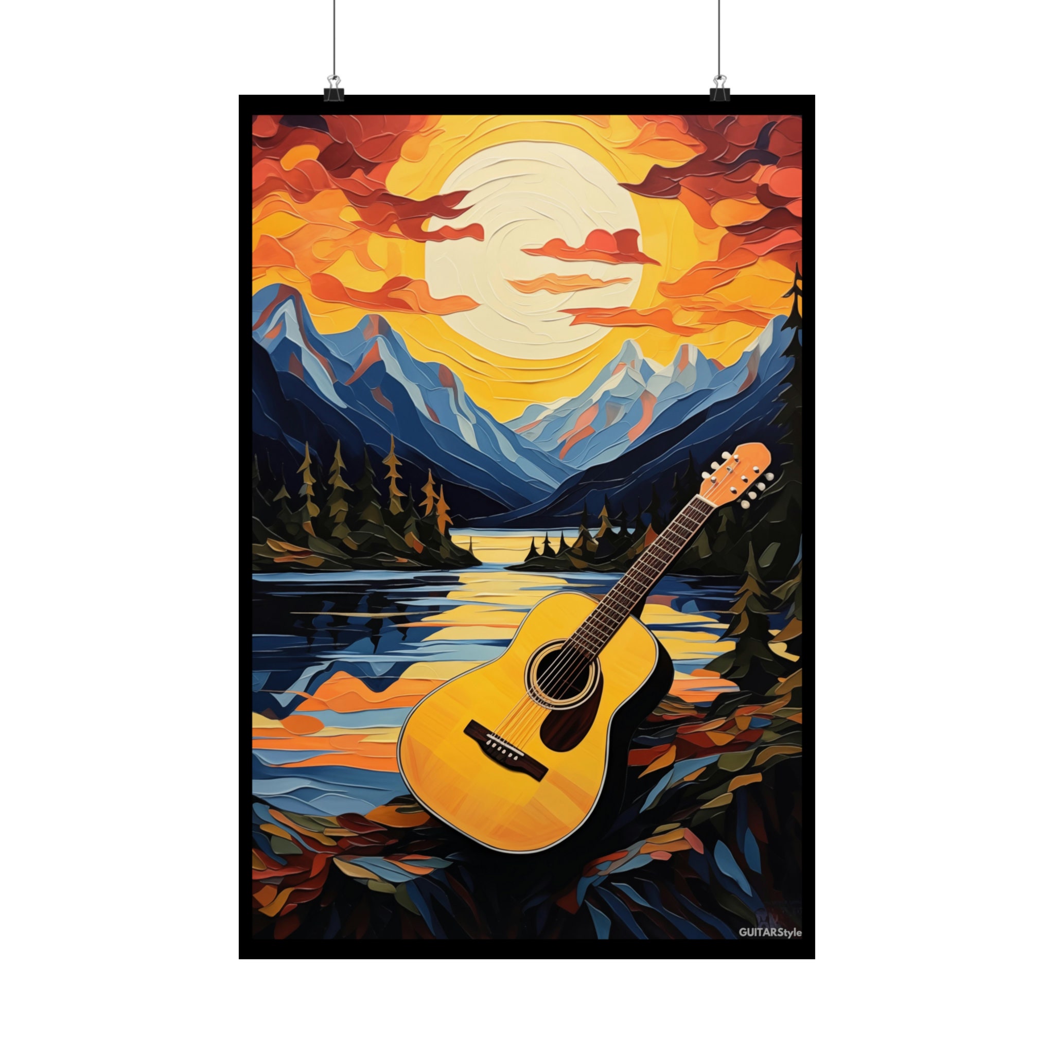 Mountain Sunset Guitar Poster, Painting, Guitar, Guitarist, Musician ...