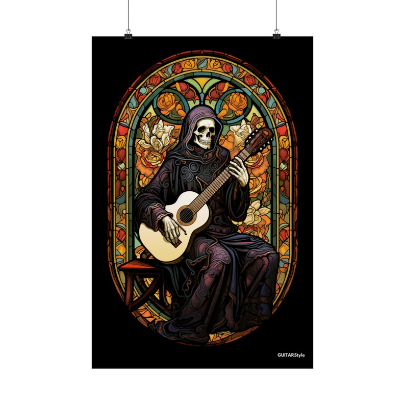 Art Nouveau Skeleton Guitar Poster Digital Art Stained Glass Guitar Art ...