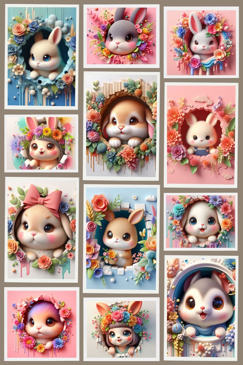 Pack of 40 3D Bunnies Theme Room Décor Bunny Wall Art Colourful Bunny ...