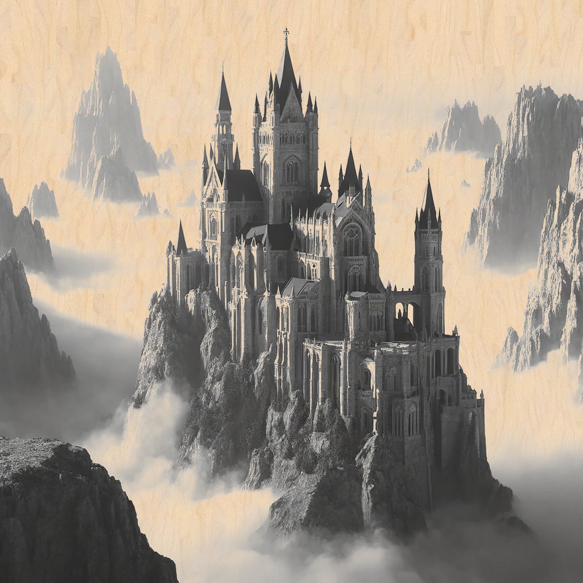Mystical Gothic Castle Engraving - Dramatic Cliffside Architecture PNG ...