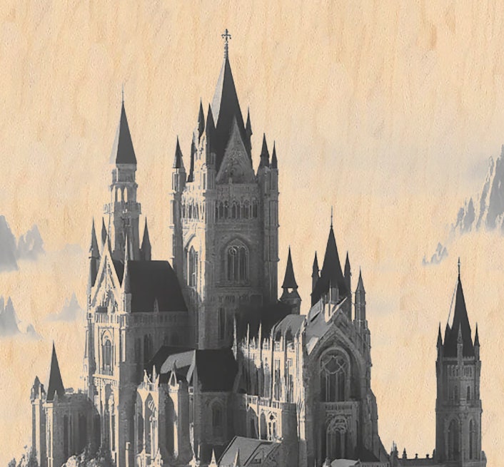 Mystical Gothic Castle Engraving - Dramatic Cliffside Architecture PNG ...