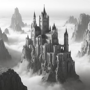 Mystical Gothic Castle Engraving - Dramatic Cliffside Architecture PNG ...