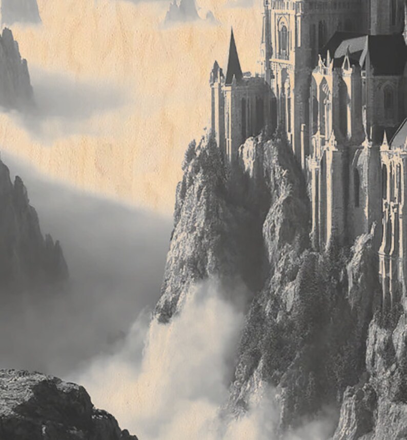 Mystical Gothic Castle Engraving - Dramatic Cliffside Architecture PNG ...