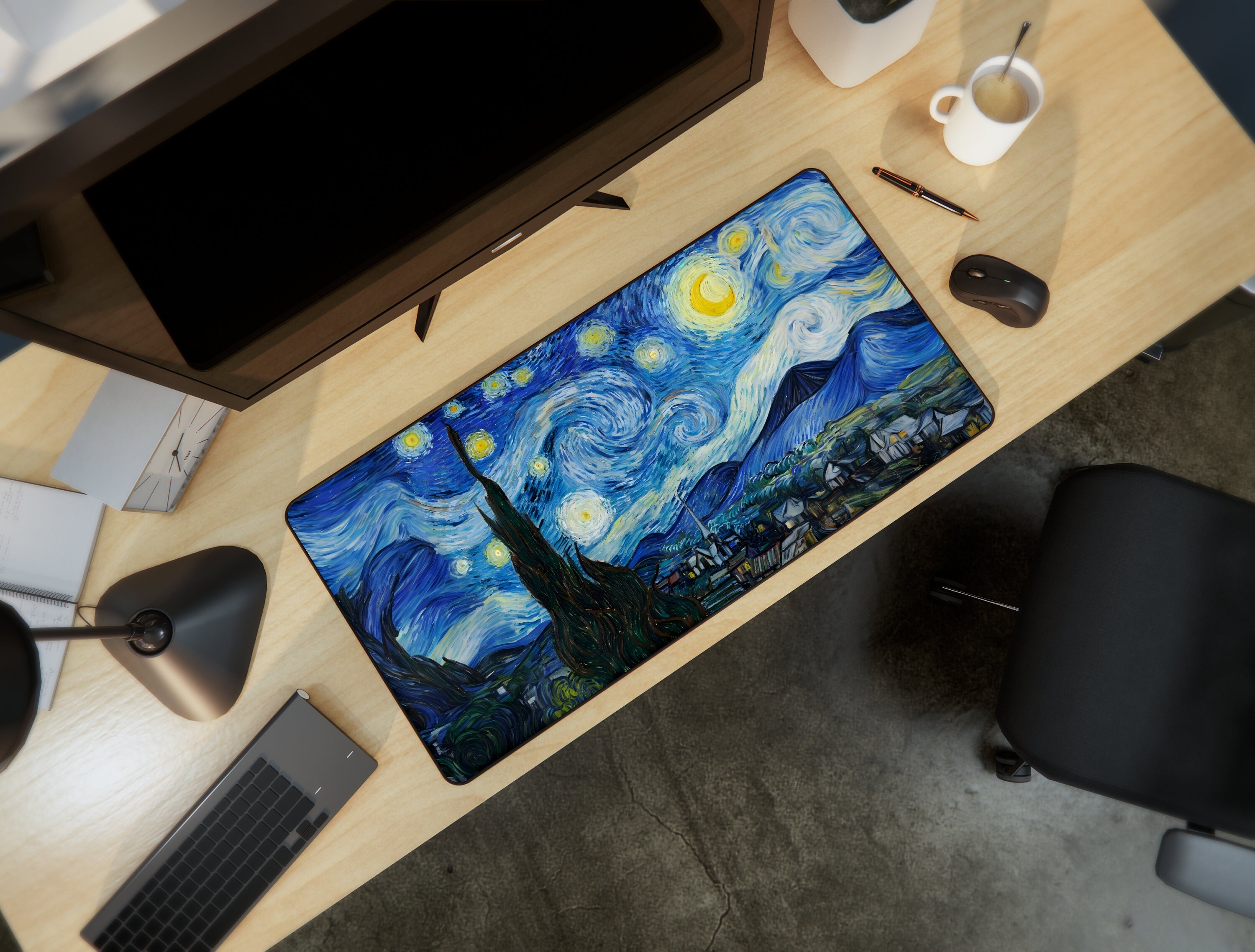 Van Gogh Starry Night Reimagined Desk Mat Vintage XL Mousepad, Unique ...
