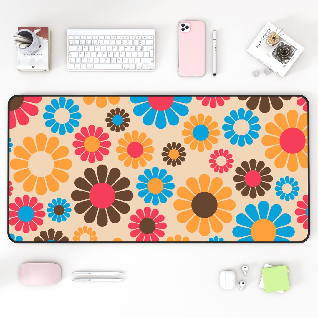 Retro 70s Flower Desk Mat | Cute Desk Topper, Floral Mousepad for Cute ...