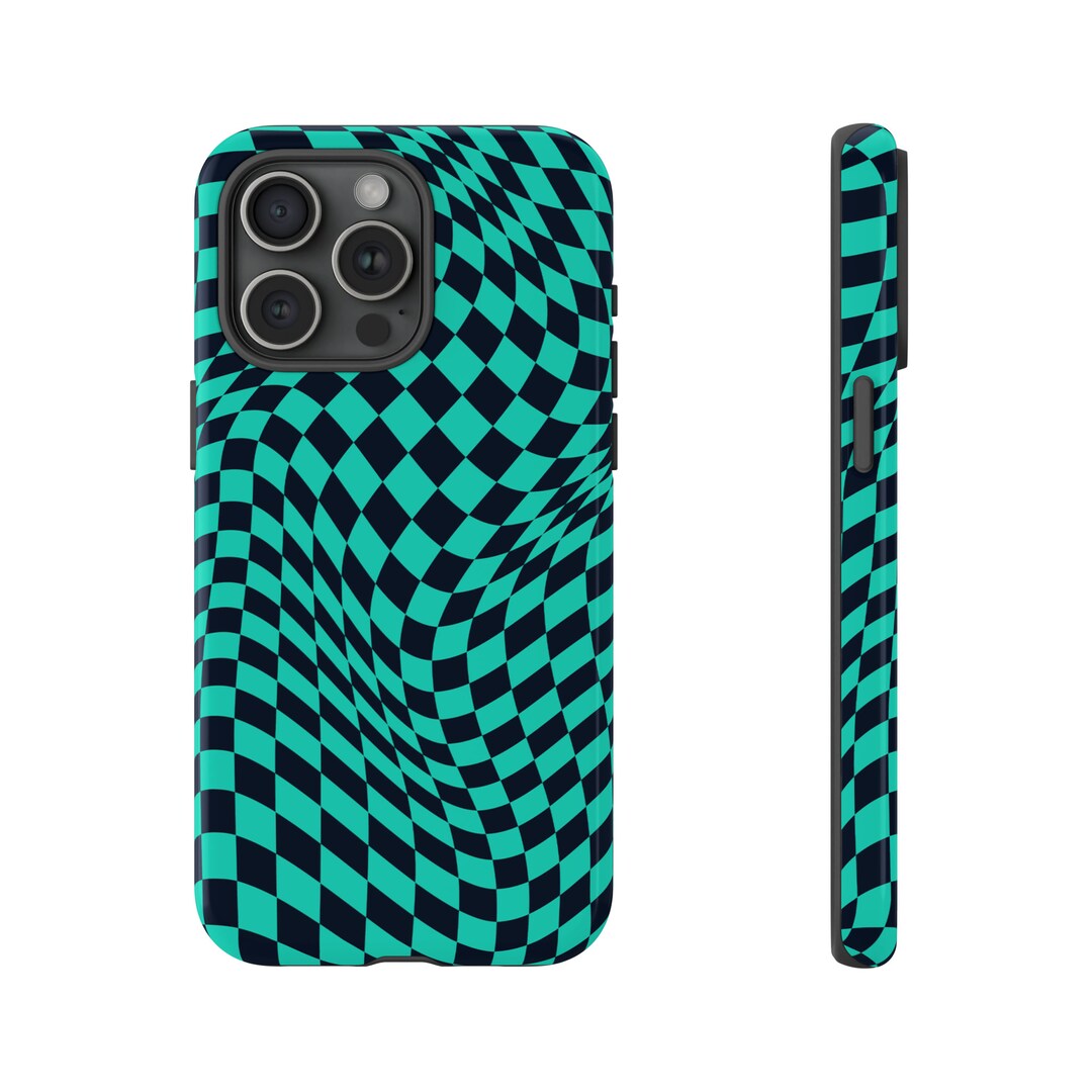 Teal Warped Checkered Pattern Phone Case Tough Case for iPhone 15,14, 13, 12, Samsung S24, S23 ...